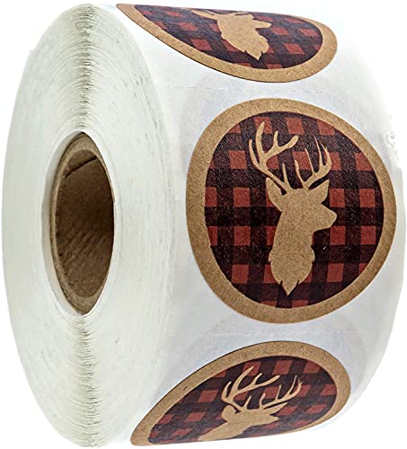 1.5" Round Kraft Buffalo Plaid Deer Head Holiday Label / 500 Northwoods Christmas Holiday Seal
