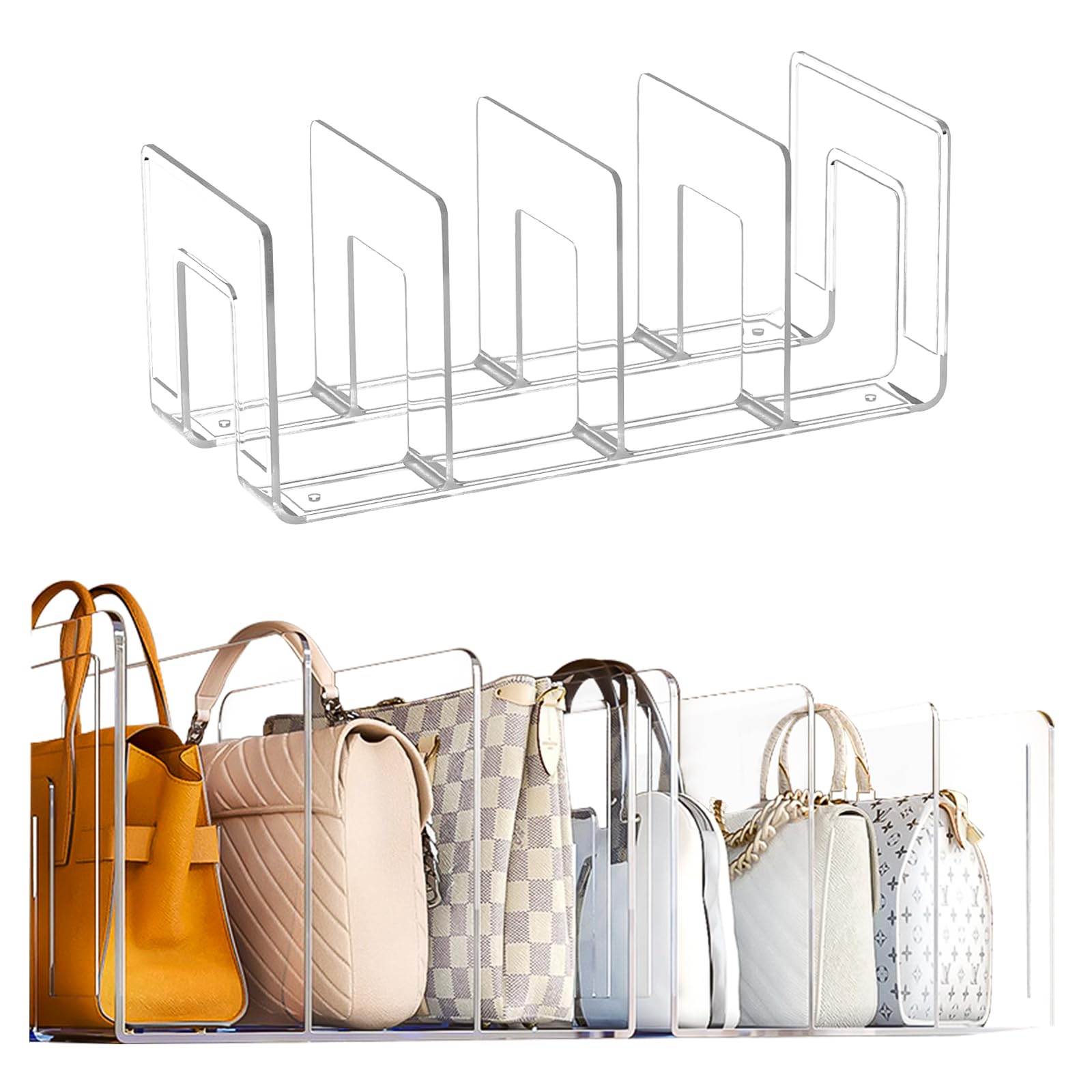 1 Pack Clear Plastic Purse Handbag Organizer 4 Sections Bag Closet Shelf Divider Purse Display Stand Handbag Storage Organizer Clear Desk File Sorter Stand Holder Bookshelf 13 x 6 x 5 Inches