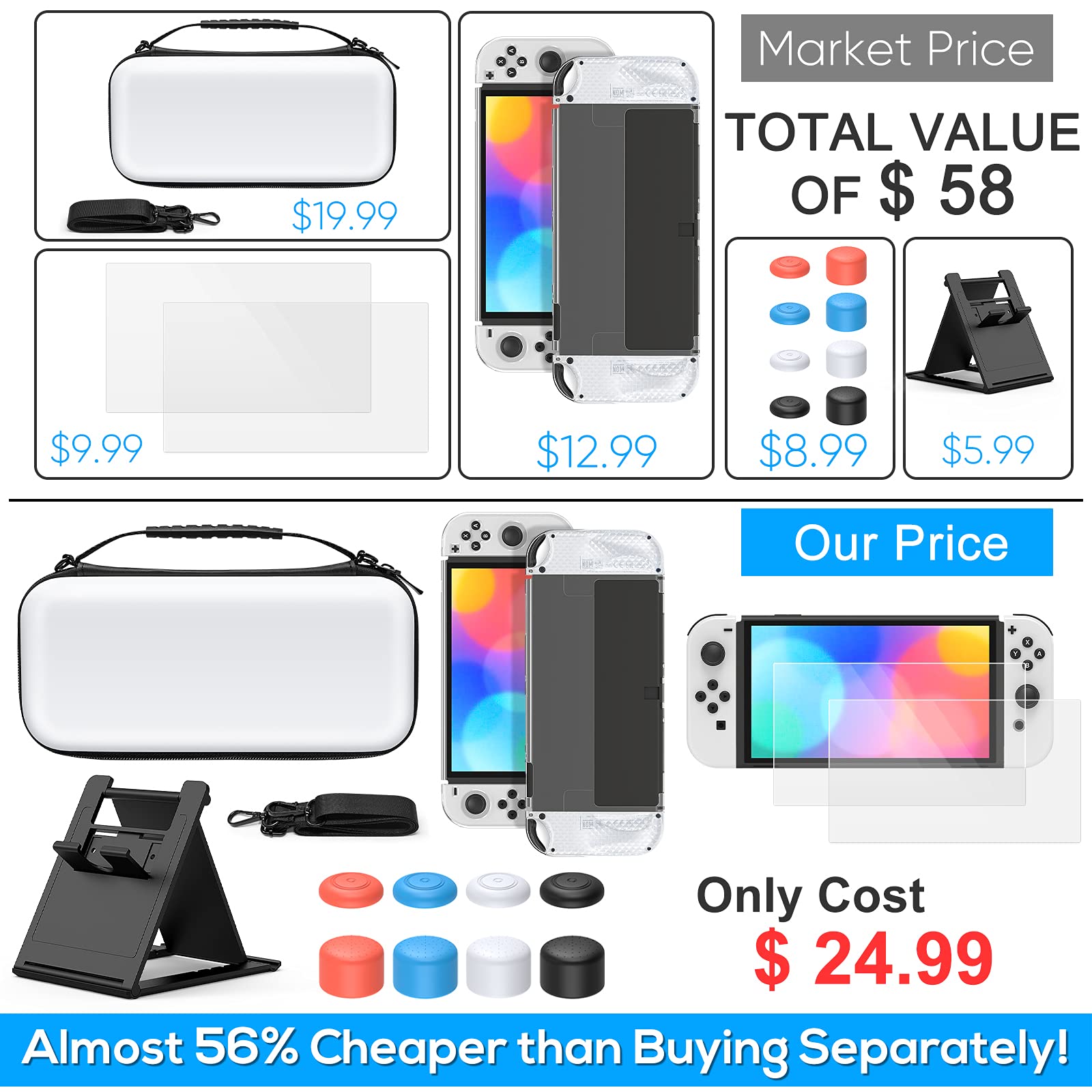 16 in 1 Accessories Bundle Compatible with Nintendo Switch OLED - Carrying Bag with Card Slots, Tempered Glass Screen Protector, PC Protective Case Cover, Kickstand & Thumb Grip Caps for OLED, White