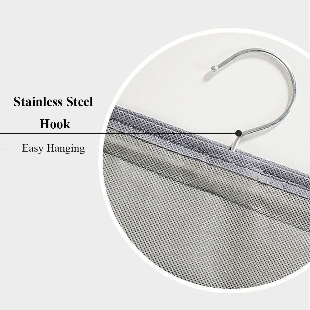 1 Pack Dual Sided Closet Hanging Organizer with Mesh Pockets & Metal Hanger, Wall Shelf Wardrobe Hanging Storage Bag for Bra Socks Underwear Storage, Space Saving Closet Hanging Shelves Storage(Grey)