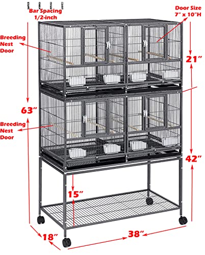 1/2/3-Combo Stacker Center Divided Breeder Breeding Bird Flight Double Rolling Cage for Aviaries Canaries Cockatiels Lovebirds Finches Budgies Small Parrots (Black Vein, Two Stacker)
