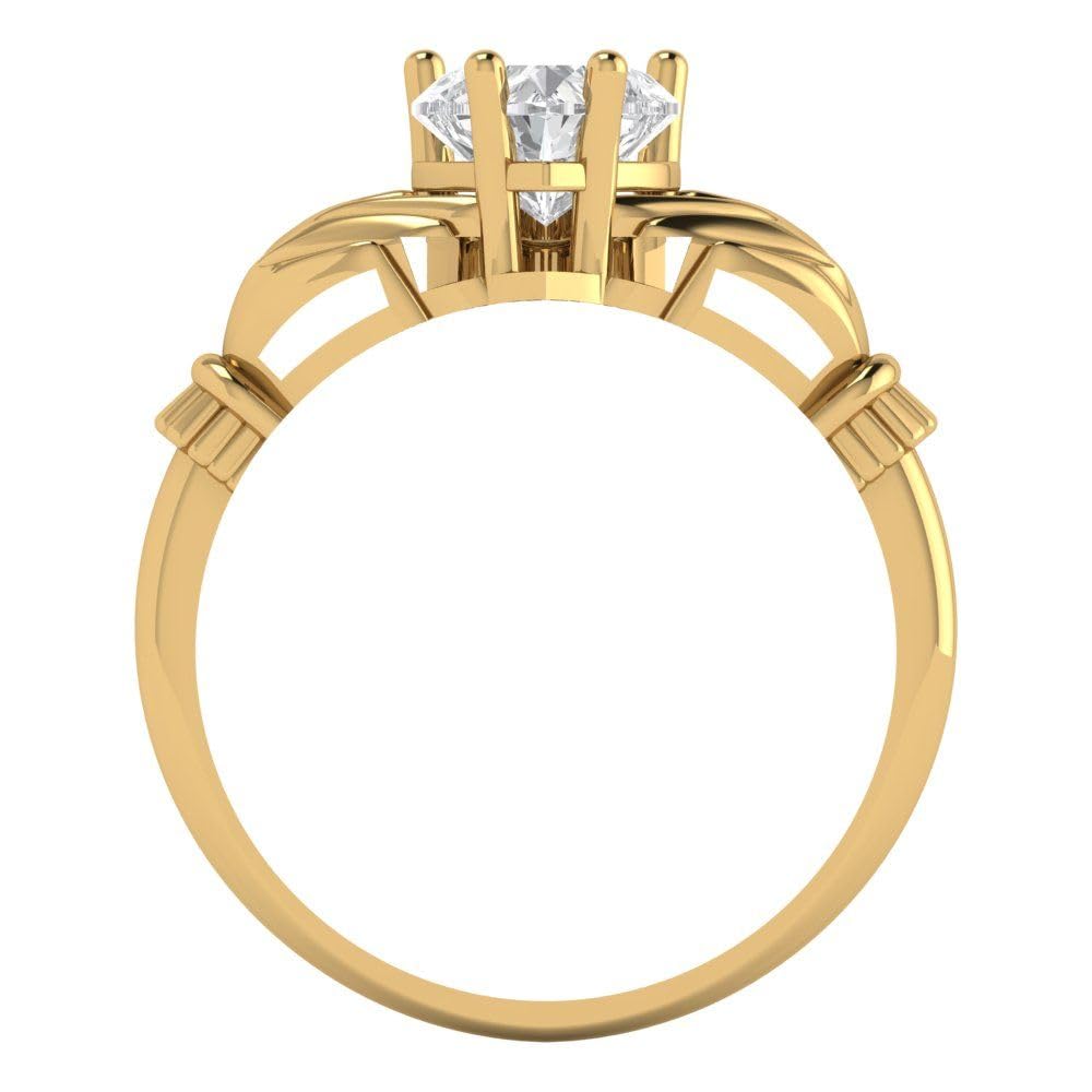 1.06 Ct Brilliant Heart Cut Clear Simulated Diamond 14K Yellow Gold Solitaire Claddagh Statement Ring Size 10.75