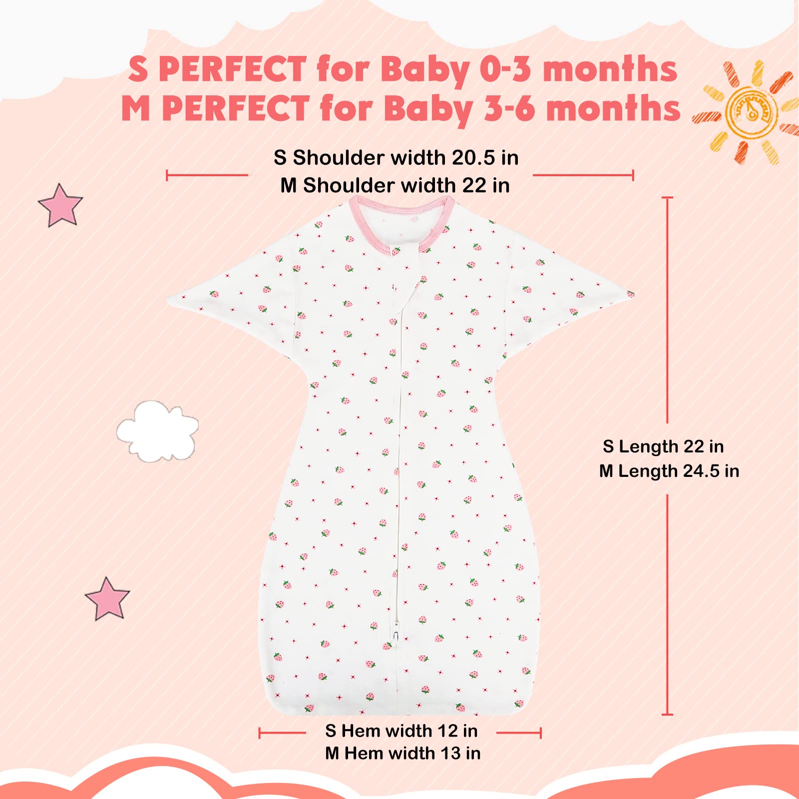2 Pack Transition Swaddle with 2 Way Zipper, 100% Cotton Baby Swaddle Arms in/Out Arms Free Design Transitional Swaddle, Arms Up Sleeping Sack Baby Sleep Sack (Strawberry & Flower, Medium 3-6 Months)