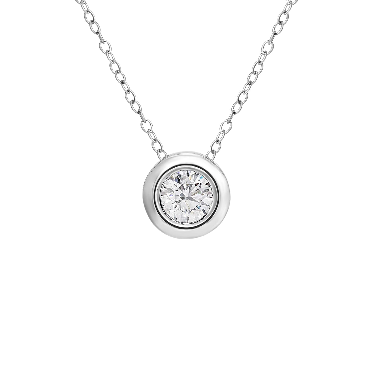 1/2 Carat | 14K White Gold | Natural Diamond Bezel Solitaire Diamond Pendant Necklace | H-I Color, I3 Clarity | Tanache