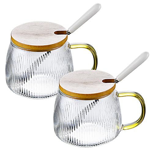 15 Oz Glass Coffee Mugs Set of 2,Glass Coffee Cups with Lids and Spoon,Clear Coffee Mug for Hot Beverages and Cold,Ice Coffee,Tea,Cereal, Milk,Cappuccino,Latte,Dishwasher and Microwave Safe.
