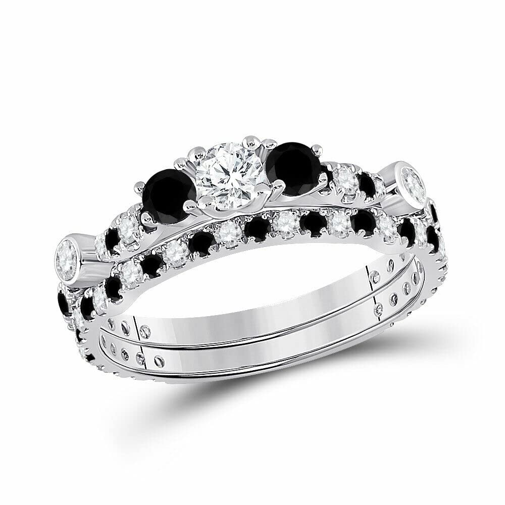 1.00 Ct Round Cut Black & White Diamond 925 Sterling Silver Women's 3-Stone Wedding Bridal Ring Set 14K White Gold Finish