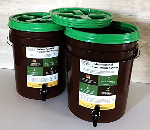 2 Bucket Indoor Bokashi Composting System - Kitchen Compost Buckets with A Spout - Air Tight Gamma Seal Lid - Practical Way to Collect All Your Organic Waste - 5lbs of Kashi Blend