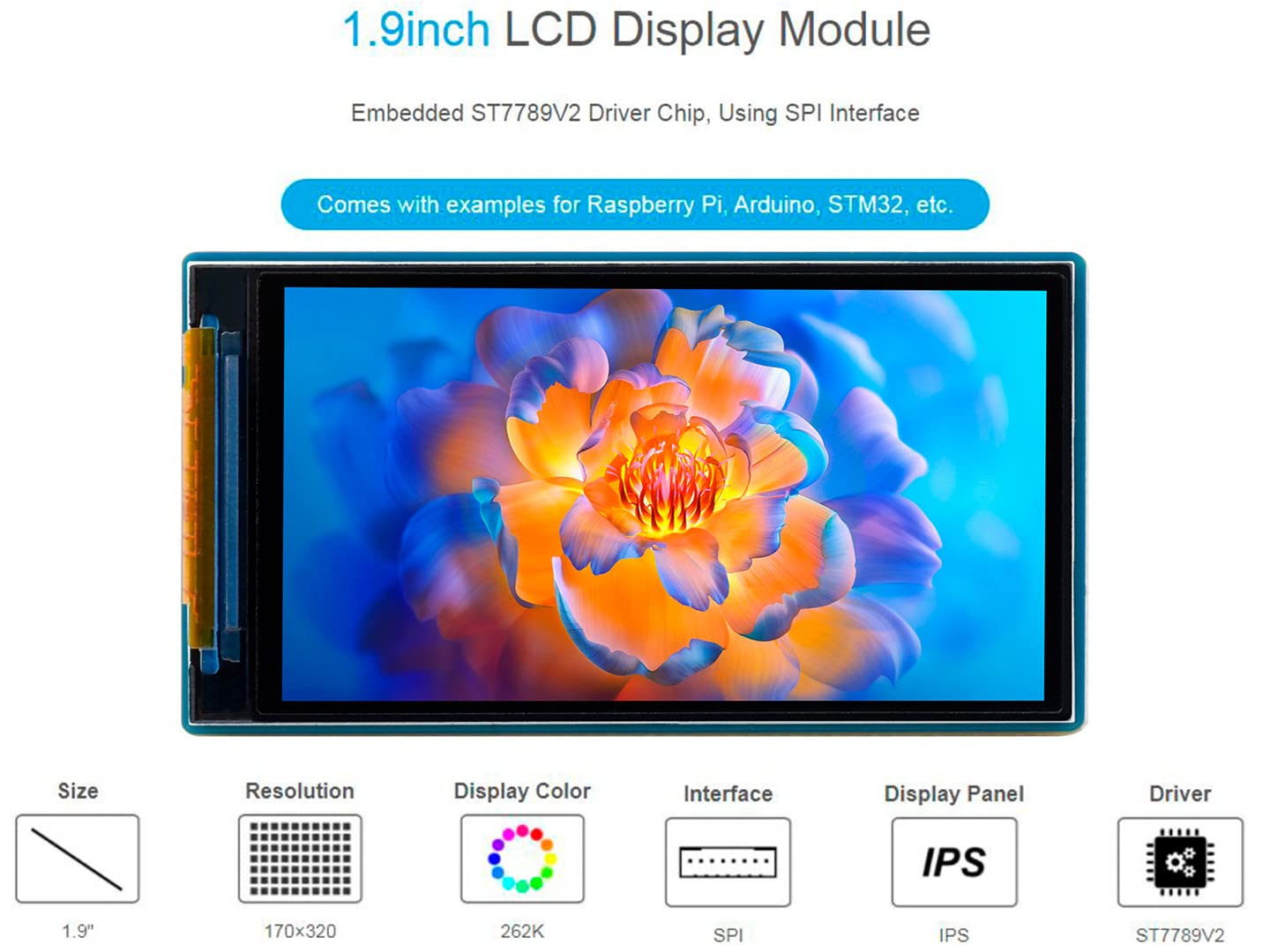 1.9inch LCD Display Module, 170x320 Resolution 262K Colorful IPS Screen Display, SPI Interface, Built-in ST7789V2 Chip, for Raspberry Pi 4B/3B+/3B/2B/Zero/Zero W/Zero 2W/WH,for Arduino, STM32, etc
