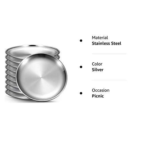 10 Pcs 18/8 Stainless Steel Plate 304 Stainless Steel Dishes 8 Inches Adult Plates Reusable Camping Plates Dishwasher Safe Feeding Serving Flat Plate Double Layers Round Dessert Plate (Silver)