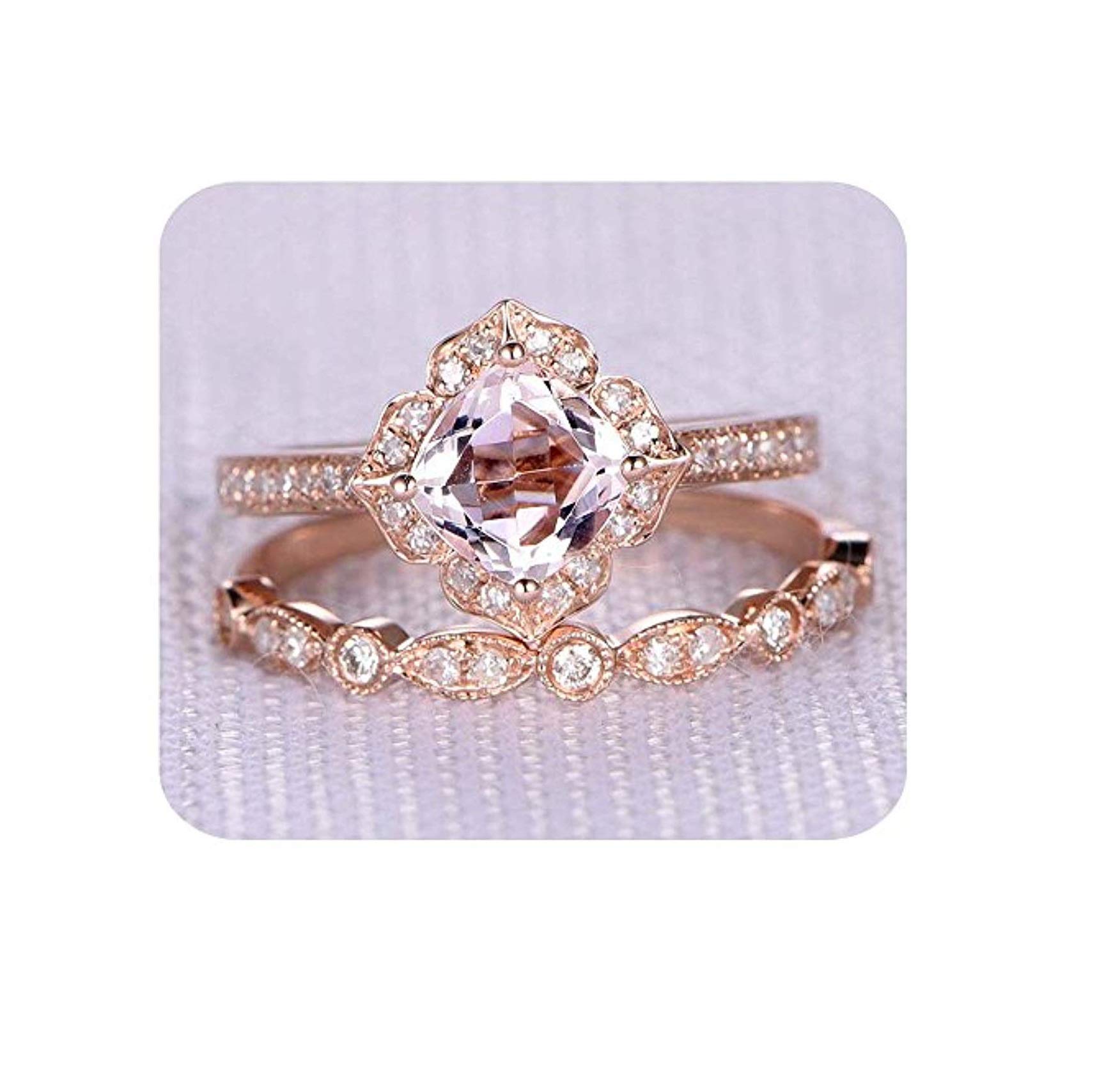 1.25 Ctw Cushion Cut Morganite & Diamond 18k Rose Gold Over .925 Sterling Silver Flower Engagement Wedding Half Eternity 2pcs Bridal Rings