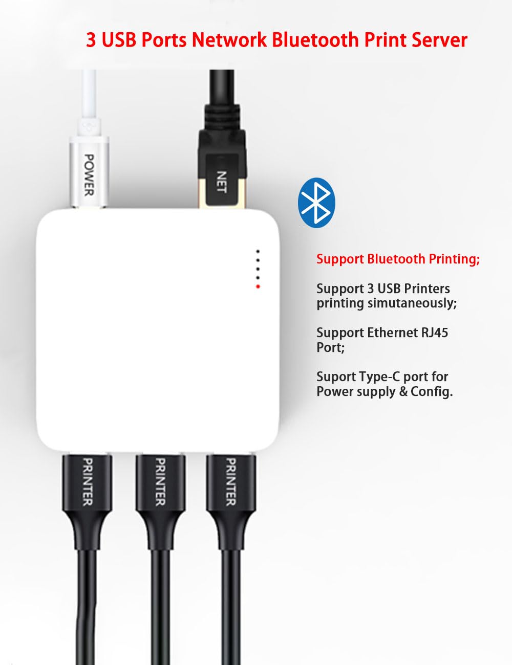 3-Port USB Blue~Tooth Network Print Server | Converts USB Printers to Wireless Network & Blue~Tooth Printers for Windows