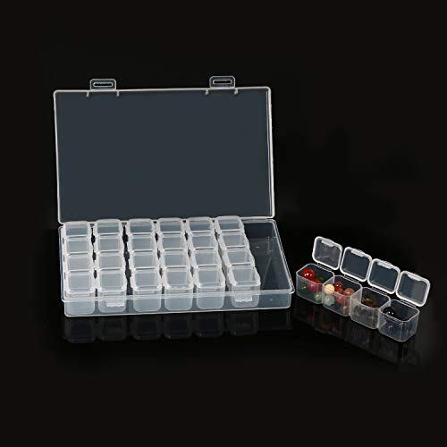 12 Packs 28 Grids Bead Organizer Containers Storage Plastic Jewelry Box Movable Dividers Earring Storage Containers Diamond Painting Storage Case for Cross Stitch Accessories, Nails, Sewing Supplies