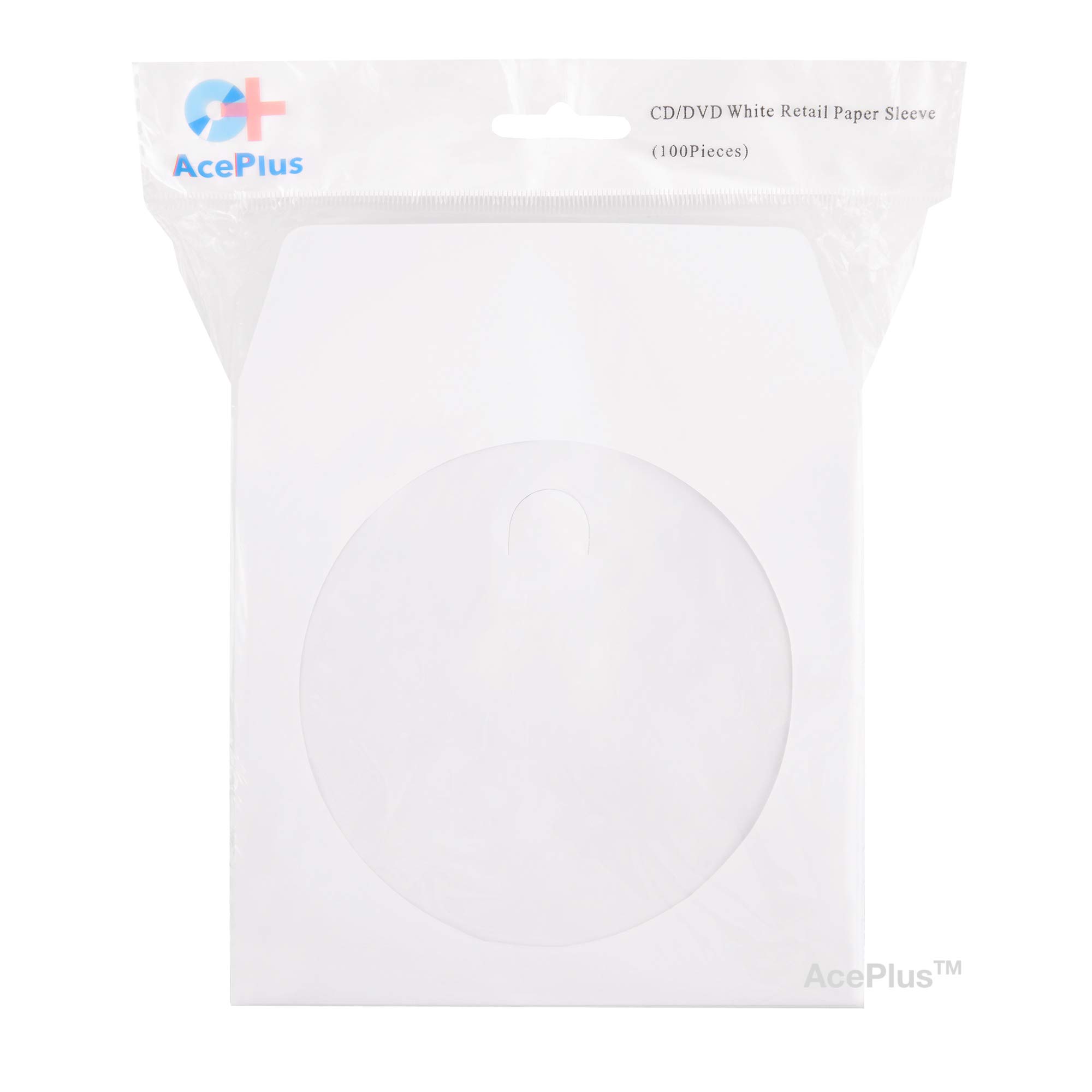 1,000 AcePlus CD/DVD White Paper Sleeves with Clear Window and Flap, Sturdy 100 gram Weight; 1 Box = 10 packs x 100-pk Retail Packaging