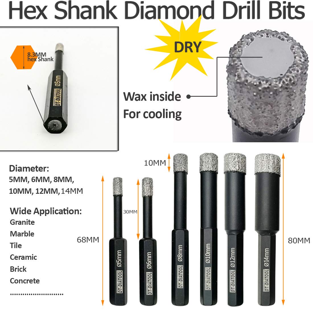 1/4" Dry Diamond Drill Bits for Tile Porcelian Marble Granite Brick with Hex Shank Dia 6mm Pack of 5 by DT-DIATOOL