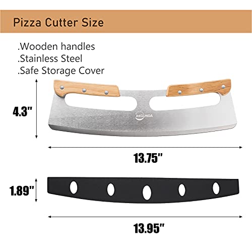 14" Premium Pizza Cutter Rocker Style AKGUNDA , Very Sharp Stainless Steel Pizza Knife Slicer Blade with Cover, Safer with Double Wooden Grip, Chopper Suitable for Cakes all Types of crusts