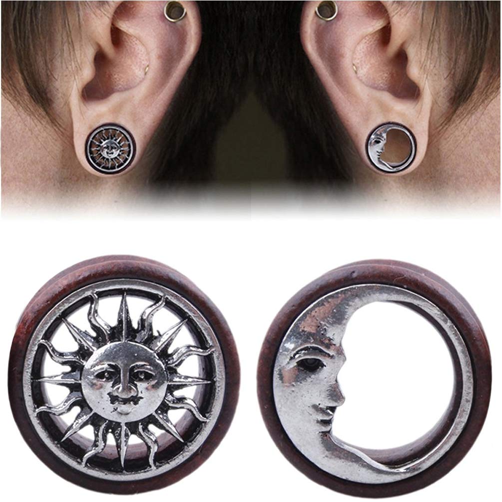 1/2" 12mm Tribal Sun & Moon Organic Wood Flesh Tunnel Double Flared Ear Gauge Stretcher Saddle Plug
