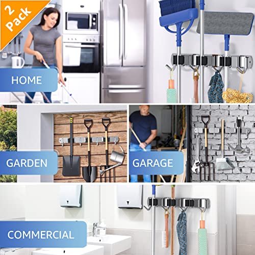 2 Pack Mop Broom Holder Wall Mount, Broom Organizer Mop and Broom Storage Tool Racks Stainless Steel Self Adhesive Wall Hanger for Home Kitchen Garden Laundry Garage by ZONGOOL (3 Racks 4 Hooks)