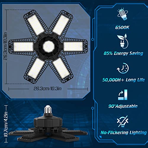 2 Pack LED Garage Light,200W Garage Light Deformable Garage Lights Ceiling Led 20000lm Shop Lights with 6 Panel,6500K Daylight Adjustable Folding Screw in Garage Lighting Bulb E26 for Garage,Workshop