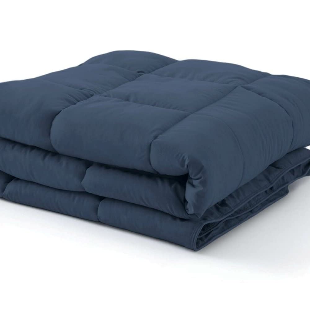 1 piece light Fluffy Comforter Twin / Twin XL size 110 GSM dark Blue brushed microfiber material | Aesthetic Bedding Geometrical Box Stitched Block pattern squared extra soft plush Bedroom aqua navy