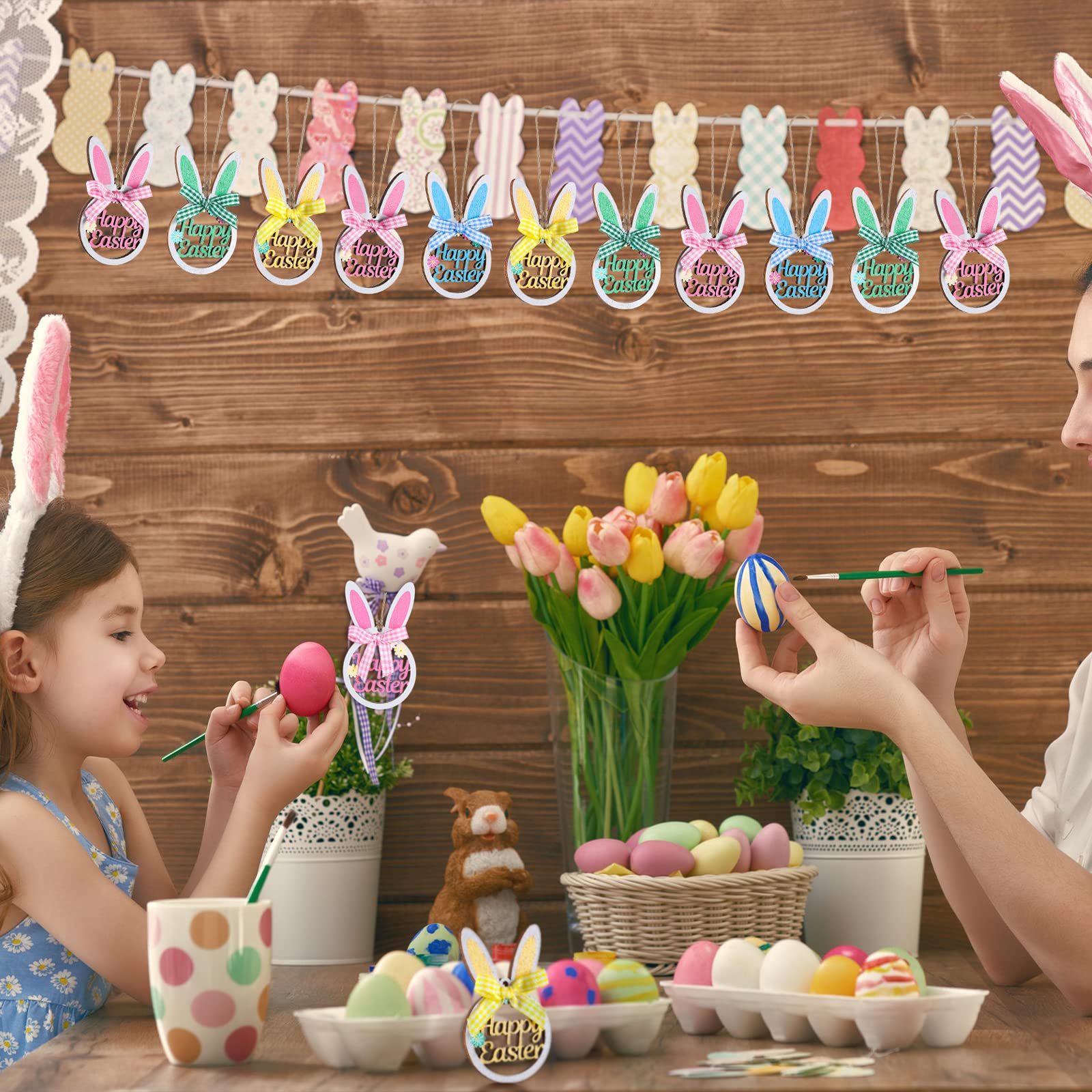 16 Pieces Easter Rabbit Tree Ornament Wooden Hanging Bunny Ornaments with Plaid Bow and Rope Wood Hollowed Out Easter Ornaments Cute Spring Hanging Decorative for Home Garden Decor (Bunny Ears Style)