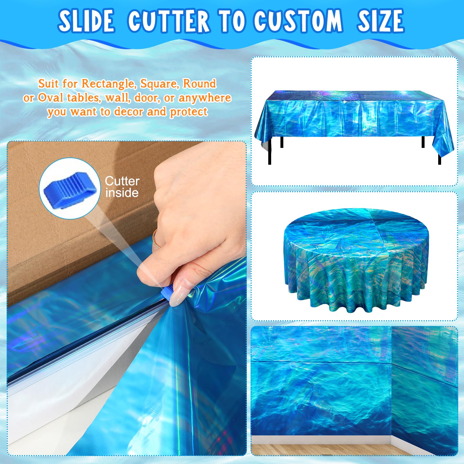 1 Roll 1200 Inch X 54 Inch Iridescent Under The Sea Tablecloth Ocean Wave Tablecloth Plastic Disposable Iridescent Table Covers Backdrop for Ocean Under The Sea Mermaid Pool Beach Party Decorations