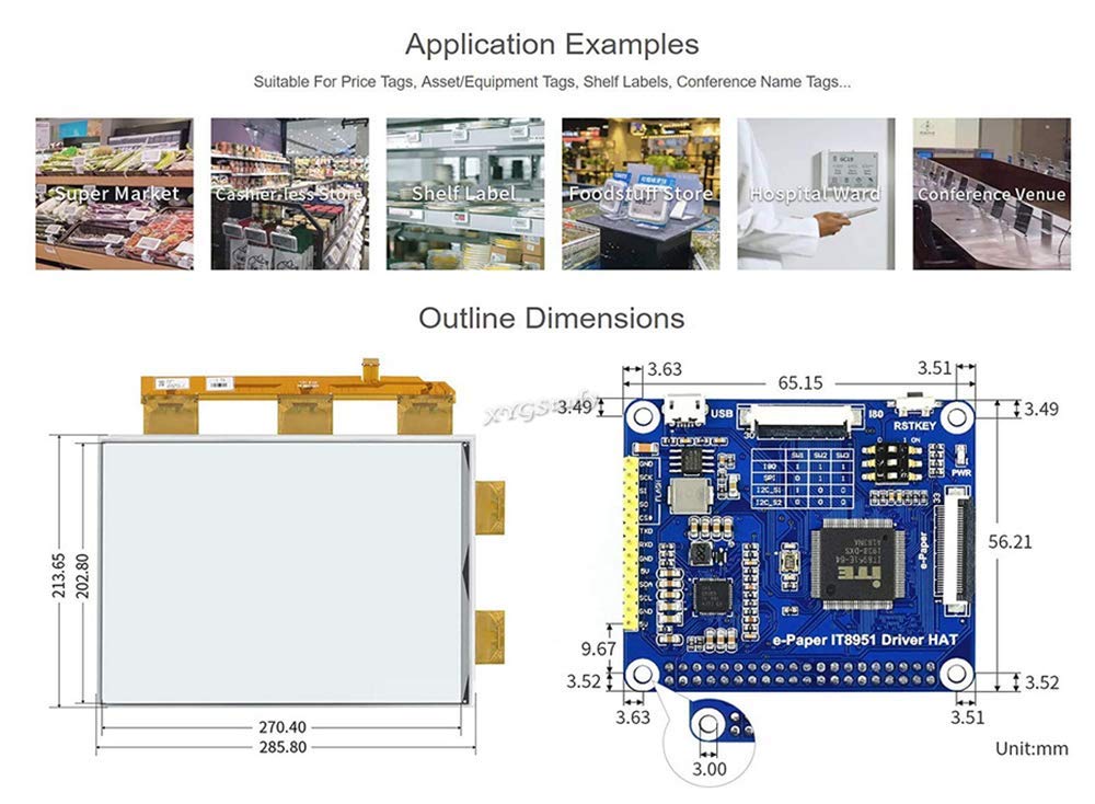 13.3inch e-Paper e-Ink Display HAT for Raspberry Pi Resolution 1600×1200 Black/White 16 Grey Scales USB/SPI / I80 Partial Refresh Support @XYGStudy