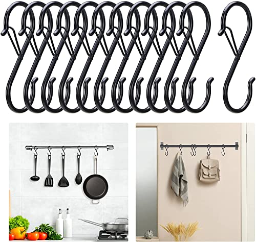 10 Pack Heavy Duty S Hooks Stainless Steel S Shaped Hooks Hanging Hangers for Kitchenware Spoons Pans Pots Utensils Clothes Bags Towers Tools Plants Heavy Duty Rustproof Safety Buckle Design(Black)