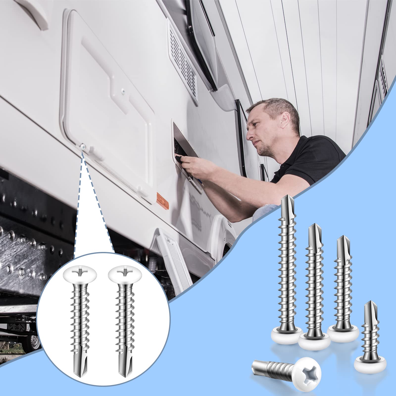100 Pcs 5 Size #8 White Screws White Wood Screws White Pan Head Screws White Sheet Metal Screws Stainless Steel Screws Wall Plate Fast Self Tapping Screws Thread Truss for Switches Covers Replacement