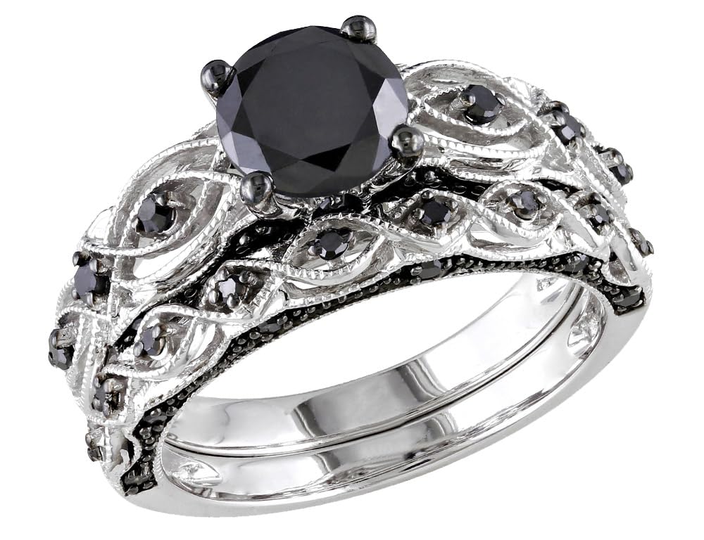 1.39 Carat (ctw) Black Diamond Engagement Ring and Wedding Band Set in 10K White Gold