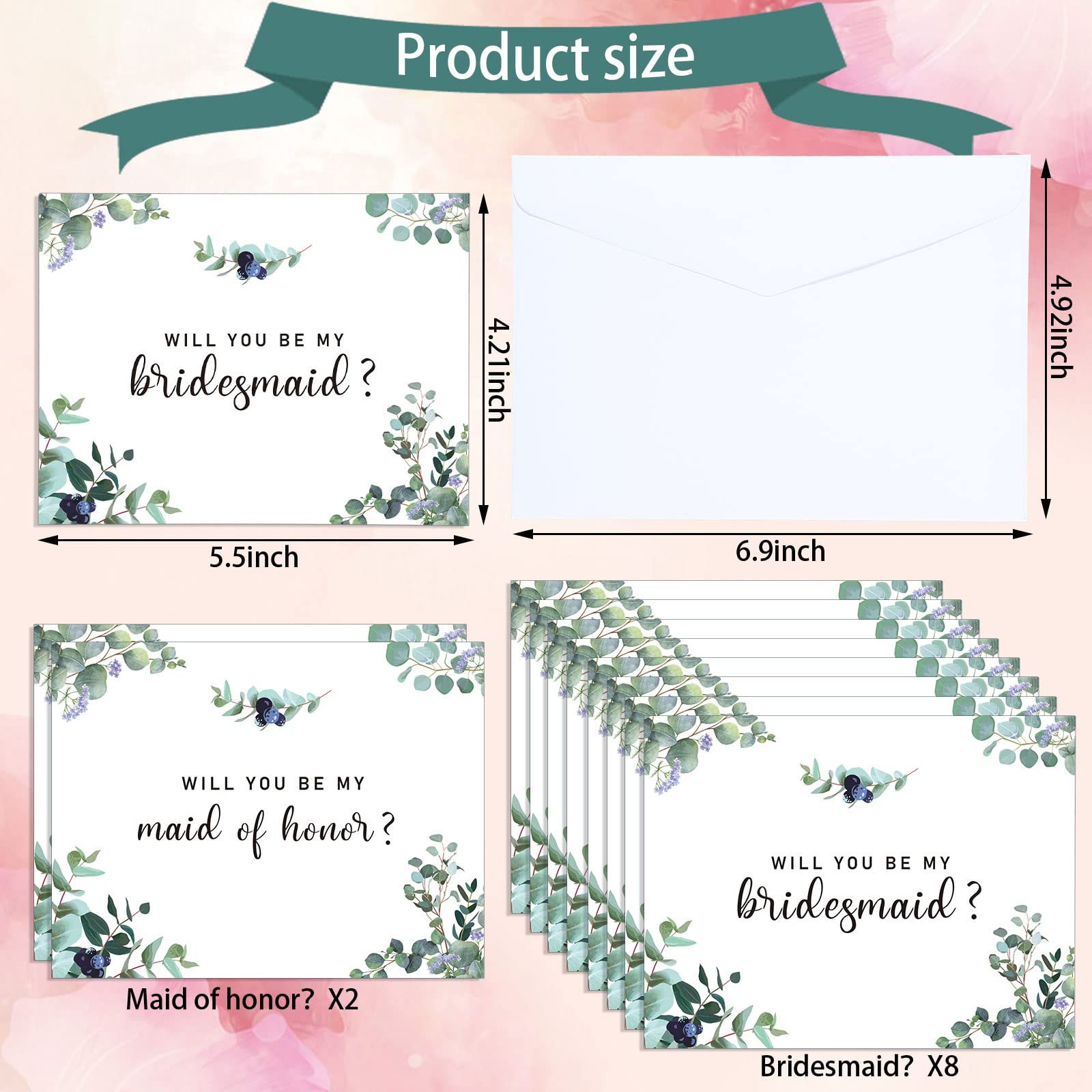 10 Packs Will You Be My Bridesmaid Cards Boho Bridesmaid Proposal Cards Greenery Maid of Honor Greeting Card Bridesmaid Asking Gifts with Envelopes for Wedding Party (Eucalyptus)