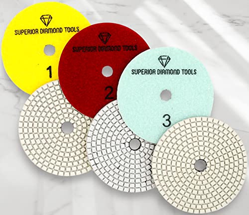 3 Step Diamond Polishing Pads - Use Wet or Dry - Polishing Pads for Granite Quartz Marble Concrete Terrazzo - High Temperature Resistance 3 Step Polishing Pads - Polishing Pad Set