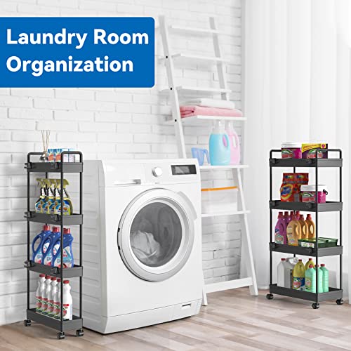 2 Pack 4 Tier Slim Storage Cart, Bathroom Organizer Laundry Room Organization Mobile Shelving Unit Slide Out Utility Rolling Rack with Wheels for Kitchen Garage Office Small Apartment Narrow Space