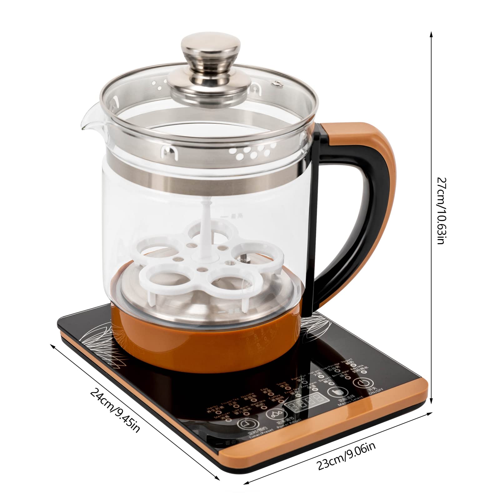 1.8L 800W Electric Glass Kettle with Digital Panel Heating Base, 1* Stainless Steel Tea Strainer, 1* Steamed Eggs Holder, 12 Common Tea Brewing Modes, Clear, Brown