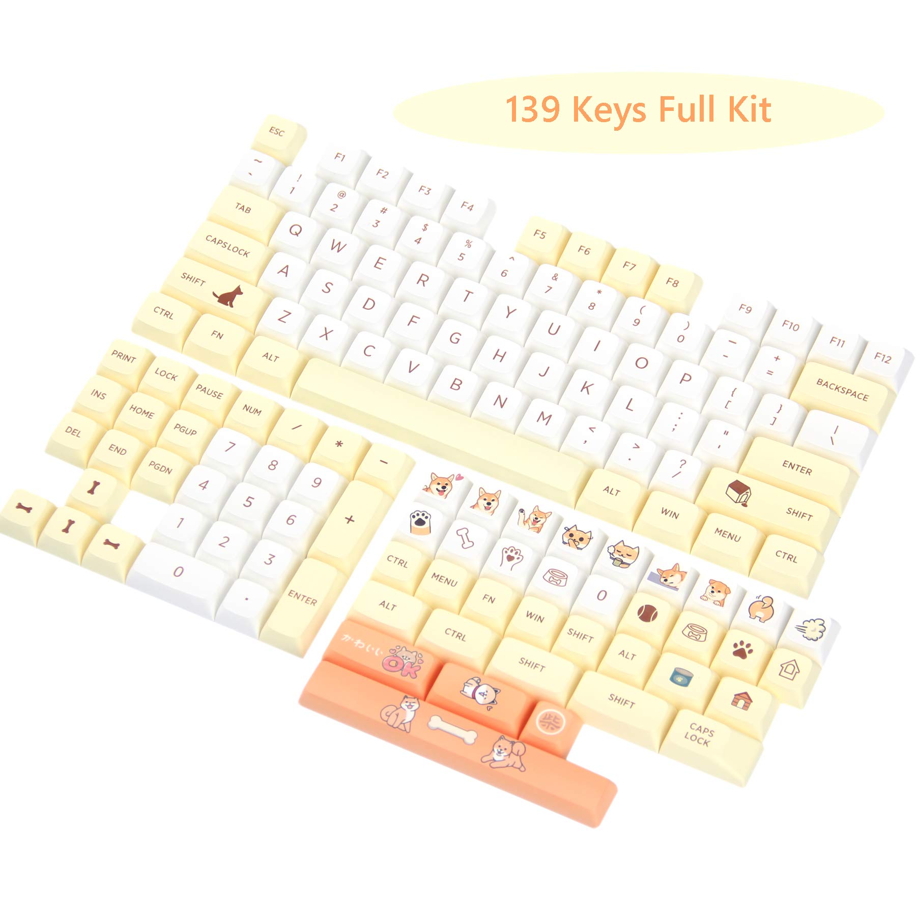 139 Keys Set XDA Profile Custom Keycaps PBT Dye Sublimation ANSI Layout Keycaps Set for Gateron Kailh Cherry MX Switches Mechanical Gaming Keyboards (Shiba Inu with English Characters)