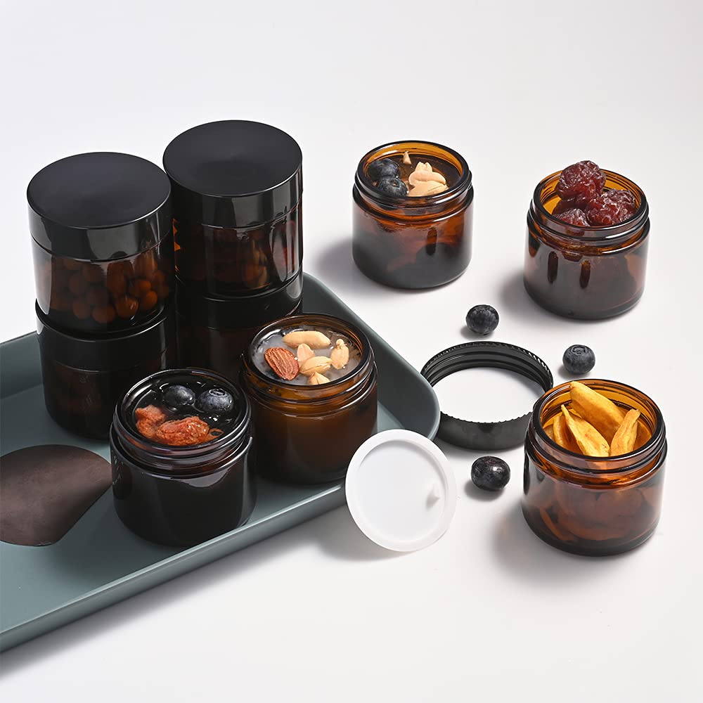 1 oz Glass Jars with Lids, Bumobum 4 pack Small Jars Amber with White Labels & Inner Liners, 30 ml Empty Round Cosmetic Containers for Sample, Powder, Cream, Lotion, Spice