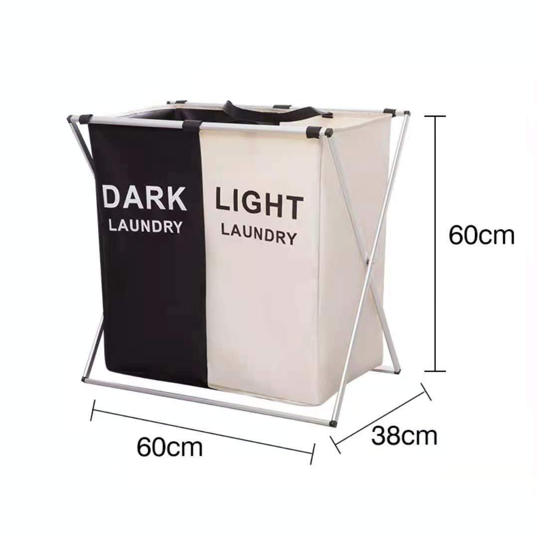 125L Laundry Basket Clothes Hamper Organizer Sorter Storage Foldable 2 Sections Hampers with Aluminum Frame (24x 15x 23 inches) Washing Dirty Cloth Bag for Bathroom Bedroom Garage (white gray)