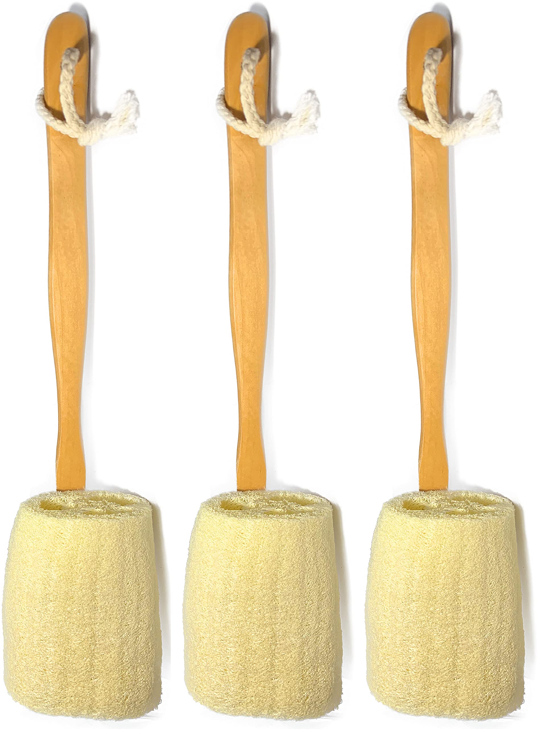 3 Pack Natural Exfoliating Loofah luffa loofa Bath Brush On a Stick - with Long Wooden Handle Back Brush for Men & Women - Shower Sponge Body Back Scrubber