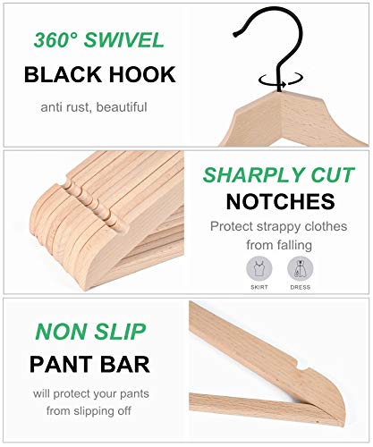 Amber Home Natural Stylish Thin Solid Wooden Suit Hangers 24 Pack, Non-Lacquer Slim Wood Coat Jacket Hanger with Pants Bar, Extra Space Saving Clothes Hanger for Dress, Pant, Shirt (Natural, 24)