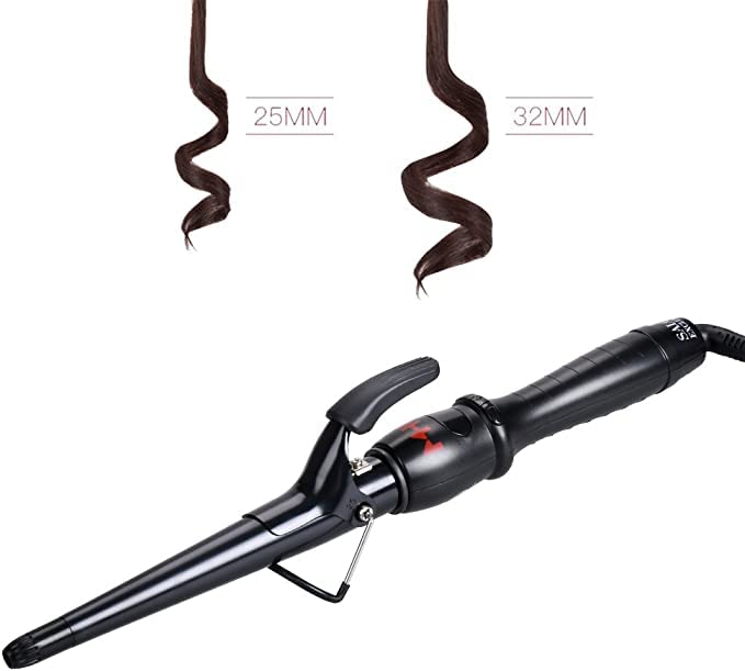 1-1/2" Tapered Hair Curling Iron with Short Clip, Hair Curler add Cool Tip, Ceramic Coating Curling Wand 9-Gears Temp Settings & 60 Min Auto-Off, Black