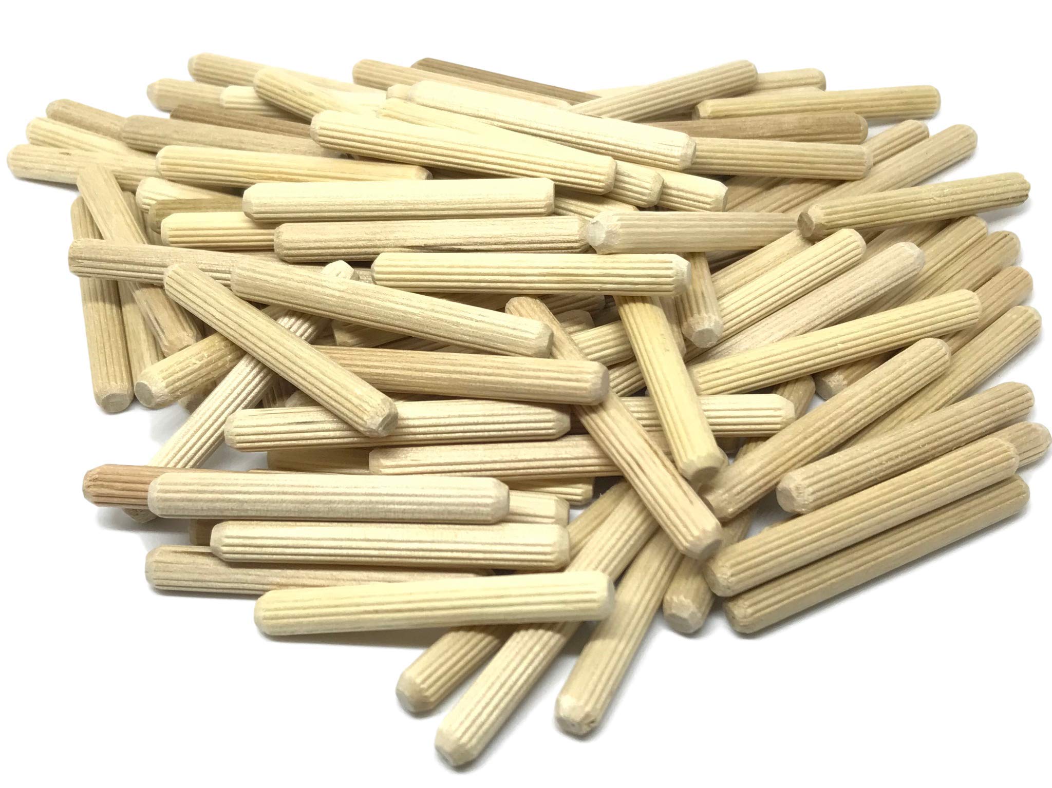 100 Pack 1/4" x 2" Wooden Dowel Pins Wood Kiln Dried Fluted and Beveled, Made of Hardwood