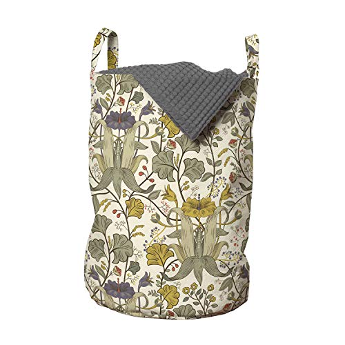 Ambesonne Floral Laundry Bag, Repetitive Detailed Sketch Flowers Wild Botanic Plants Pattern, Hamper Basket with Handles Drawstring Closure for Laundromats, 13" x 19", Pale Earth Yellow Ecru