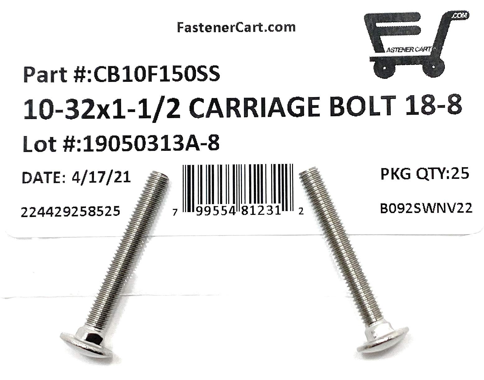 10-32 x 1-1/2 Carriage Bolts Stainless Steel 18-8 Fine Thread UNF (25 Pieces)