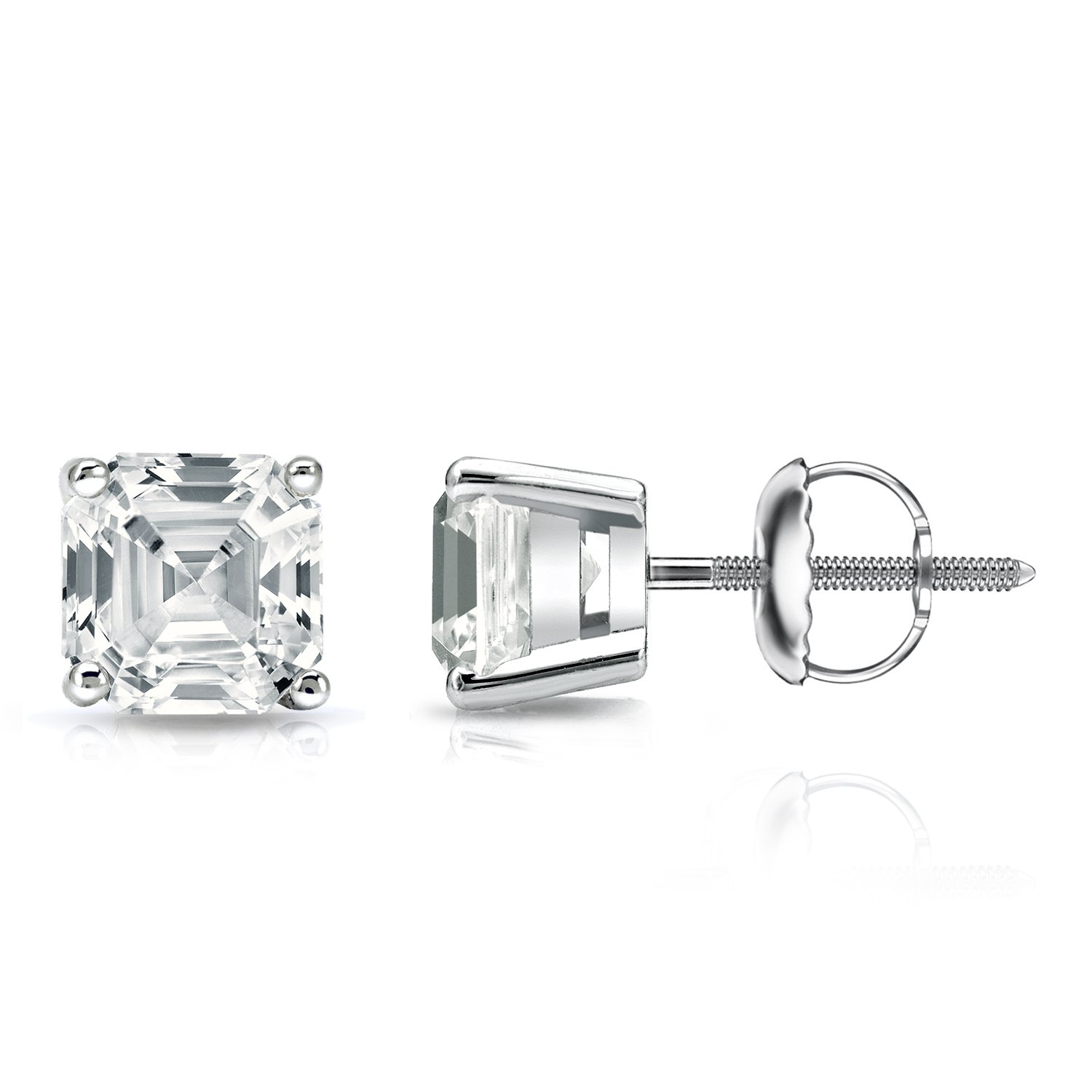 1/2 Carat Lab Grown Diamond Asscher Cut Stud Earrings in 14k White Gold (VS-SI, cttw) 4-Prong Basket Screw Back by Diamond Wish