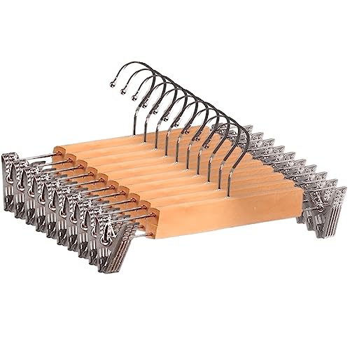 10 PACK Wooden Skirt Hangers with Clips - Smooth Finish Solid Wood Pants Hangers with clips - Natural Wood Color - Clip Hanger for Pant, Skirts, Slacks
