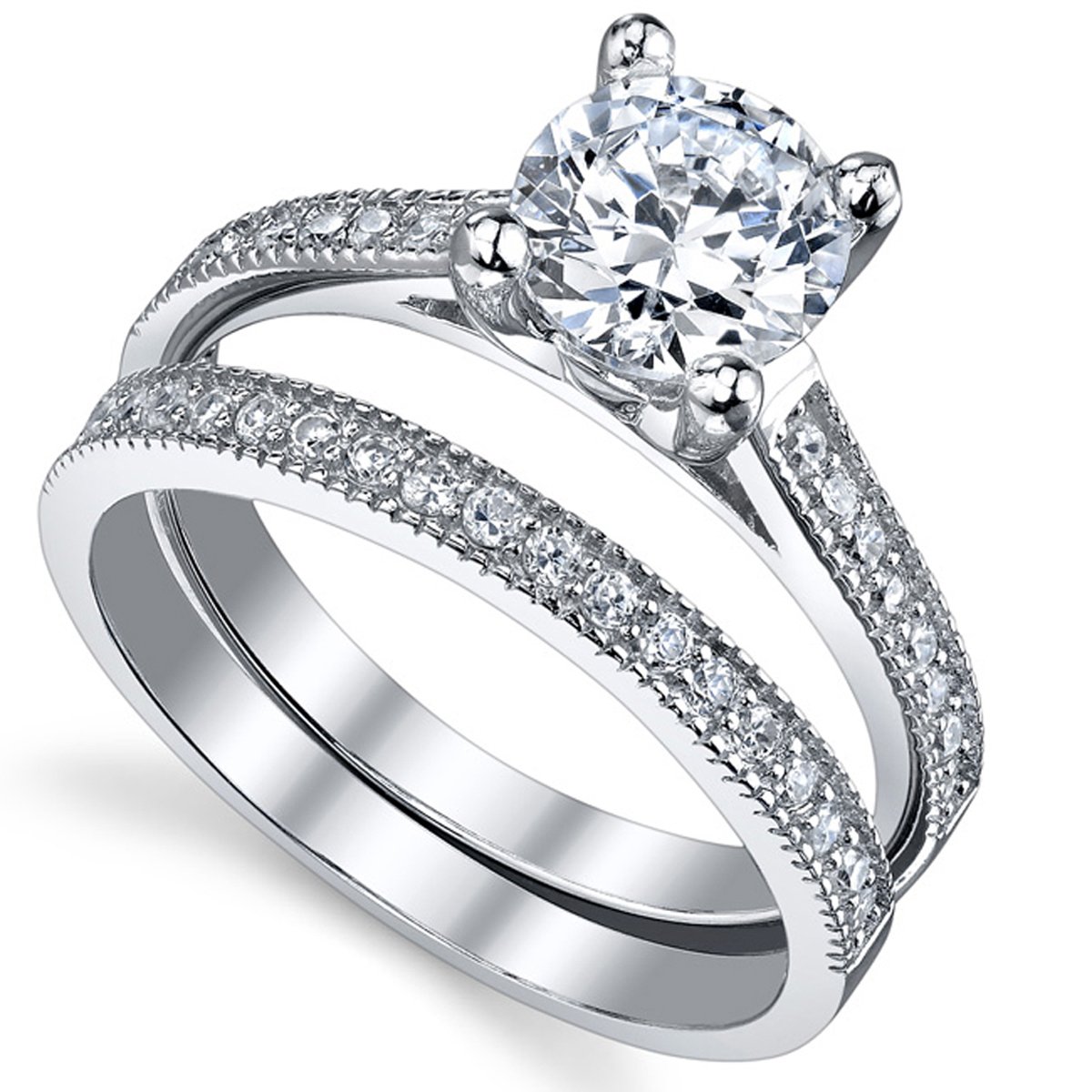 1.25 Carat Round Brilliant Cubic Zirconia Sterling Silver 925 Wedding Engagement Ring Band Set 7