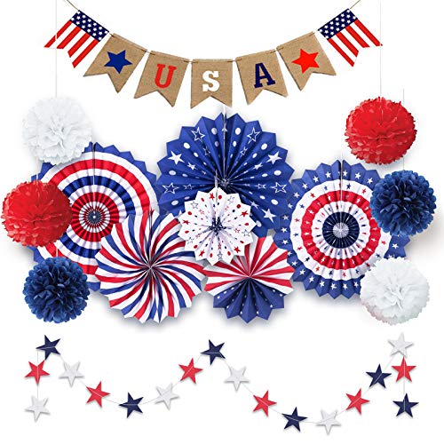 14 PSC Patriotic Party Decorations Memorial Day Decorations Veterans Day Party Decorations, 4th of July American Flag Party Supplies Foldable Colorful Paper Fans, Tissue Paper Pom Poms, Star Streamers, Love USA Banner Party Favors for American Theme Party