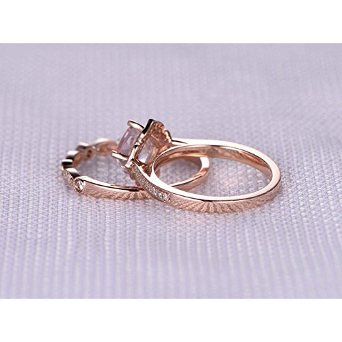 1.25 Ctw Cushion Cut Morganite & Diamond 18k Rose Gold Over .925 Sterling Silver Flower Engagement Wedding Half Eternity 2pcs Bridal Rings
