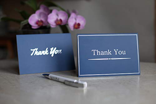 120 Thank You Cards in Navy Blue with Envelopes & Stickers - Elegant 6 Designs Bulk Notes Embossed with Silver Foil Letters for Wedding, Formal, Business, Graduation, Funeral 4x6 Inch Thick Card Stock