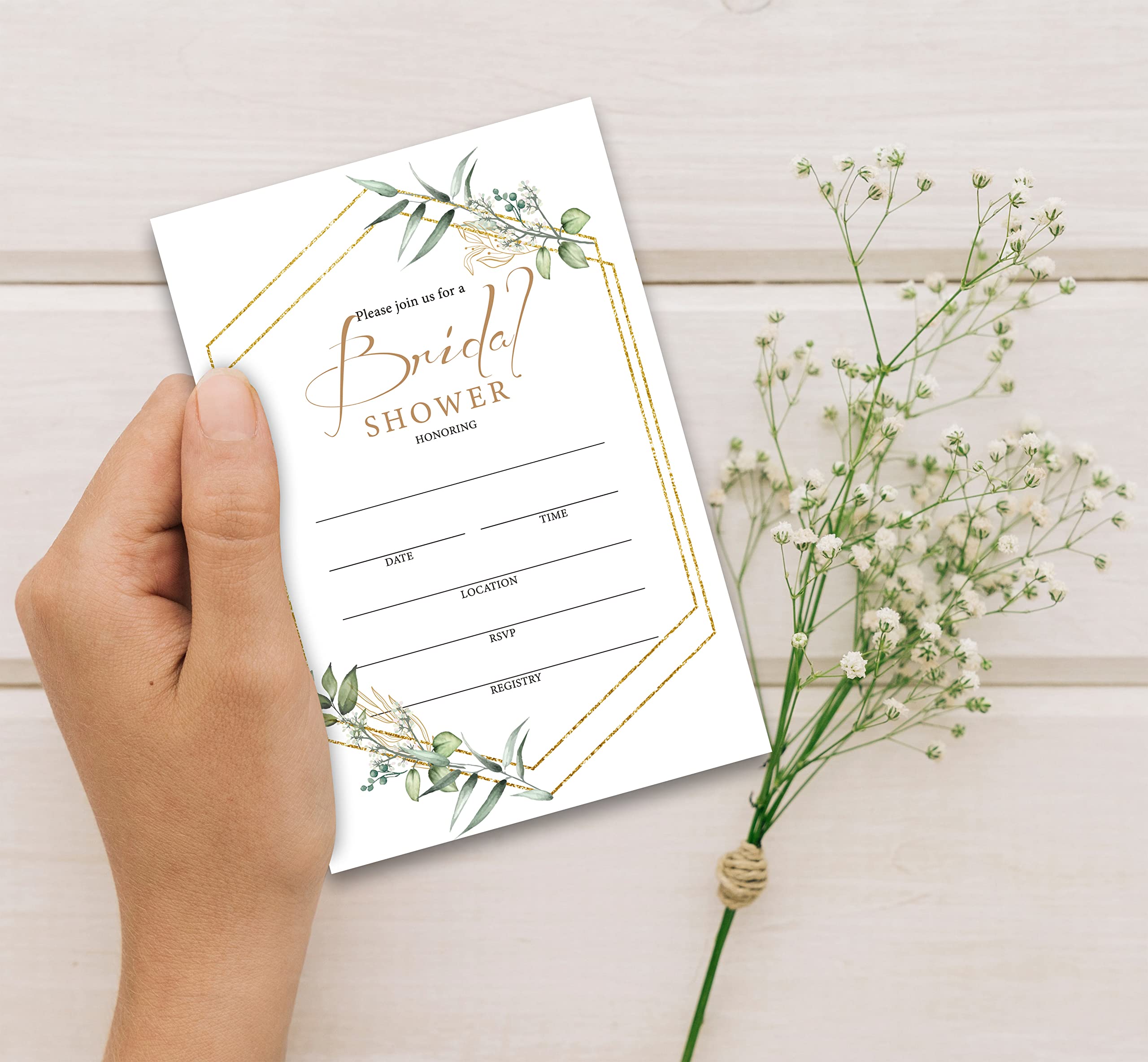 Greenery Eucalyptus Bridal Shower Invitations with Envelopes, 25 Pcs Gold Foil Blank Fill-in Invites for Wedding Reception, Engagement Party, Bachelorette Party(10)