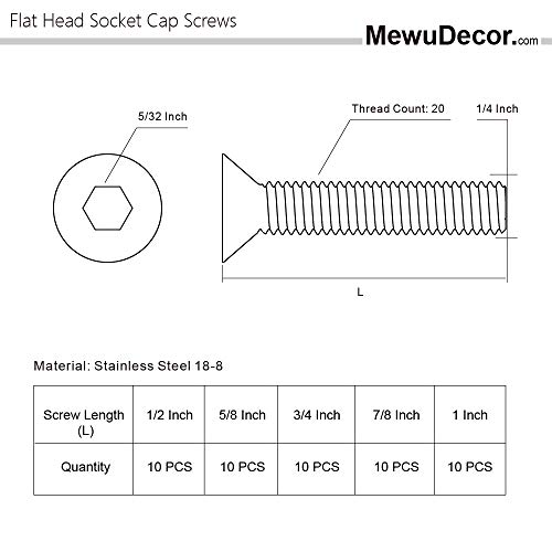 1/4-20 x 1/2", 5/8", 3/4", 7/8", 1" Flat Head Socket Cap Screws, Allen Socket Drive, Stainless Steel 18-8 (304), Bright Finish, Fully Threaded, 50 PCS
